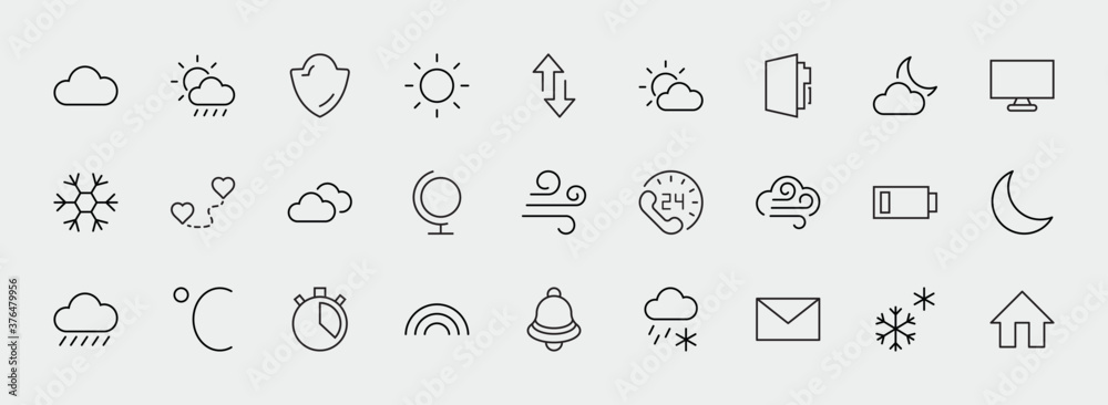 Set of Weather vector line icons. Contains symbols of the sun, clouds ...