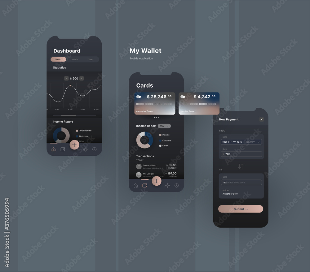 Mpbile wallet application, three key screens with bank cards and ...