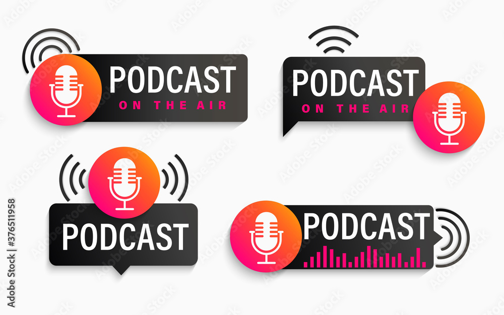 Set podcast logos and symbols, icons with studio microphone. Emblems ...