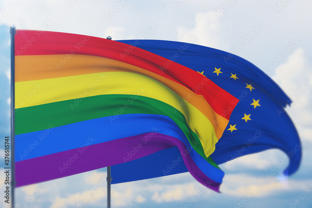 Waving European Union flag 3D illustration and rainbow flag, LGBT pride ...
