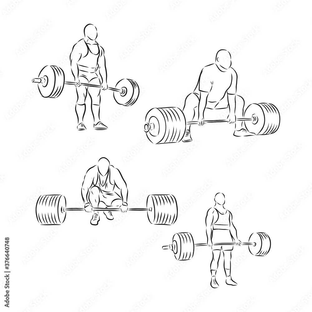 Sporty man lifting a heavy weight barbell in the gym. Hand drawn vector ...
