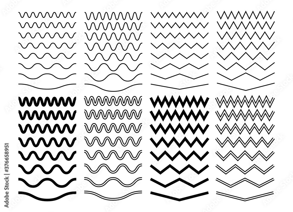 Zigzag wave lines. Geometric zig zag pattern, isolated curve borders. Wavy decoration divider ...