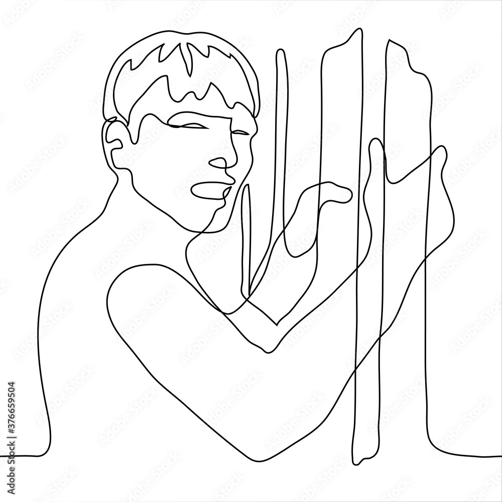 man with an open mouth holds on to the thick bars of the lattice. One ...