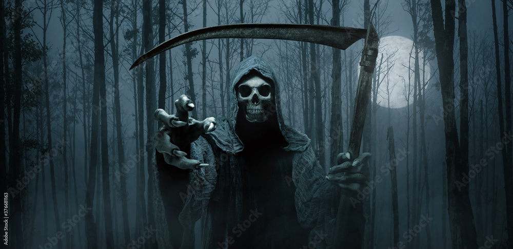 Grim reaper reaching towards the camera over dark, foggy background ...