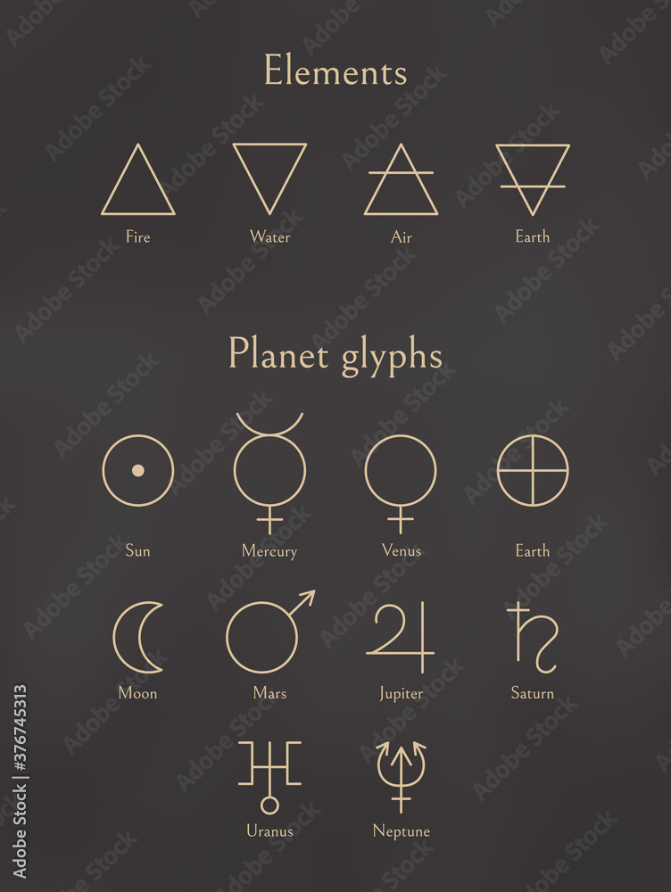 Set of elements signs and planet glyphs. Collection of air, fire, earth ...
