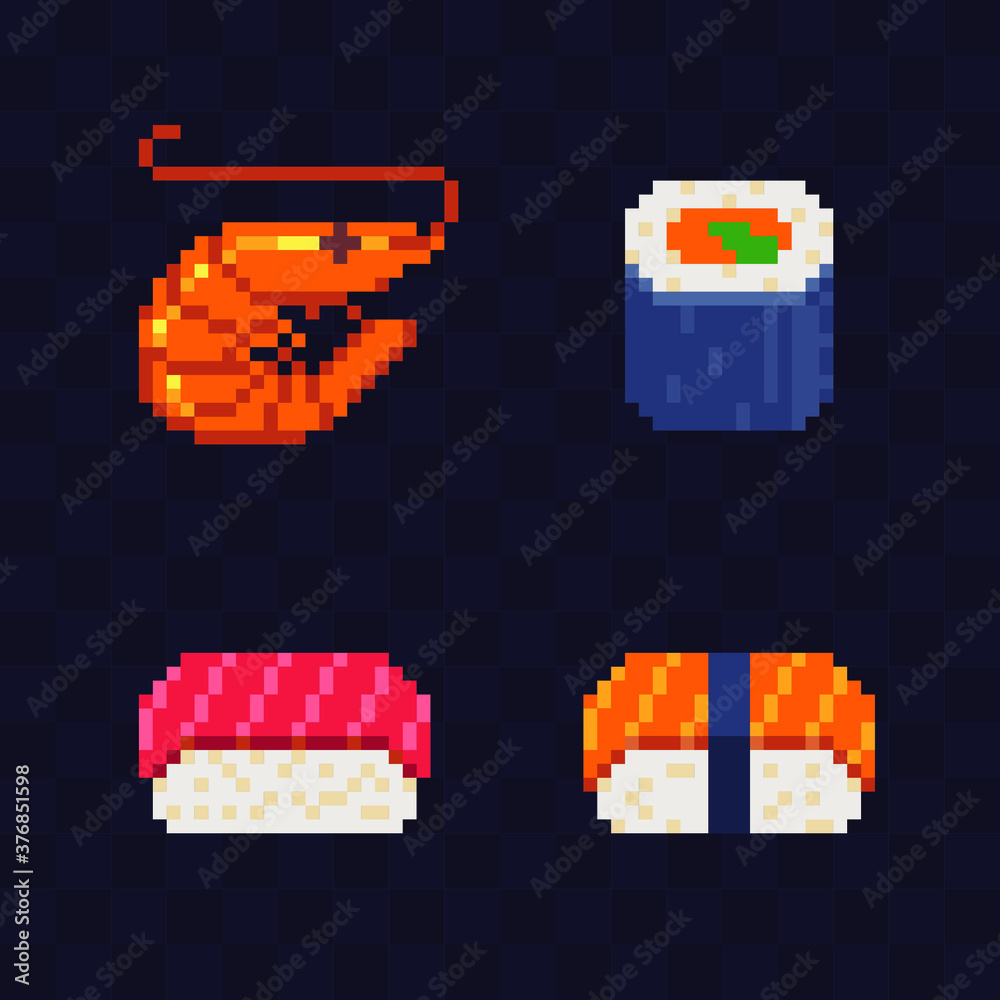 Sushi and rolls food, shrimp, pixel art icon japanese cuisine isolated ...
