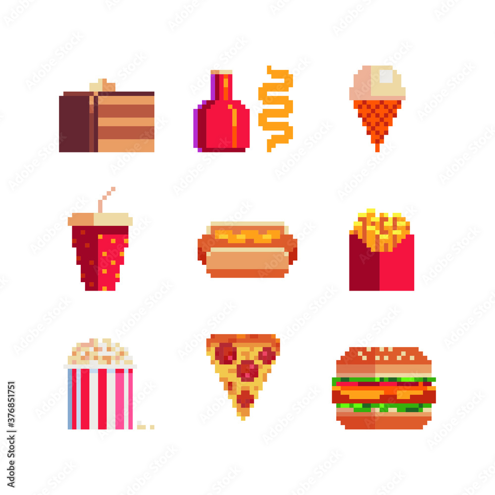Vector de Stock Fast food pixel art icons set hot dog, fried potato ...