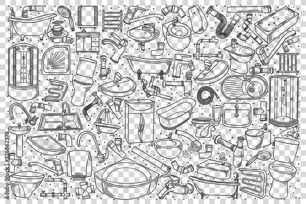 Plumbing fixtures doodle set. Collection of hand drawn sketches ...