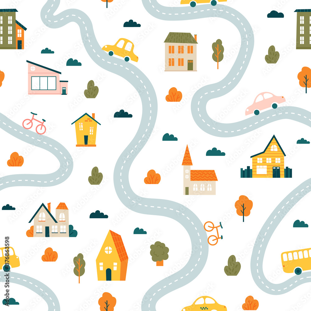 Town map pattern. Seamless cute urban landscape map, minimalist houses ...