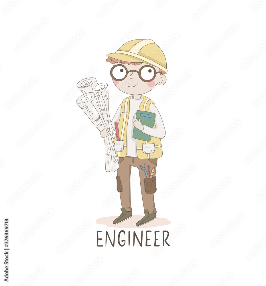 Cartoon illustration of a engineer. Kids workers. Child professional ...