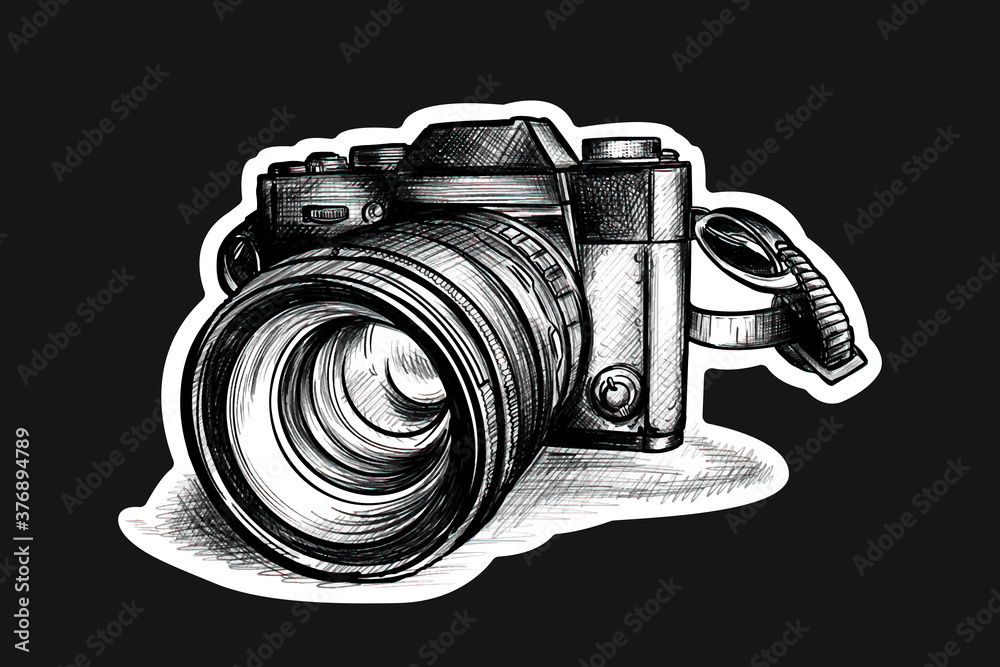 Retro camera vector image, sketch with hatching realistic model of a ...