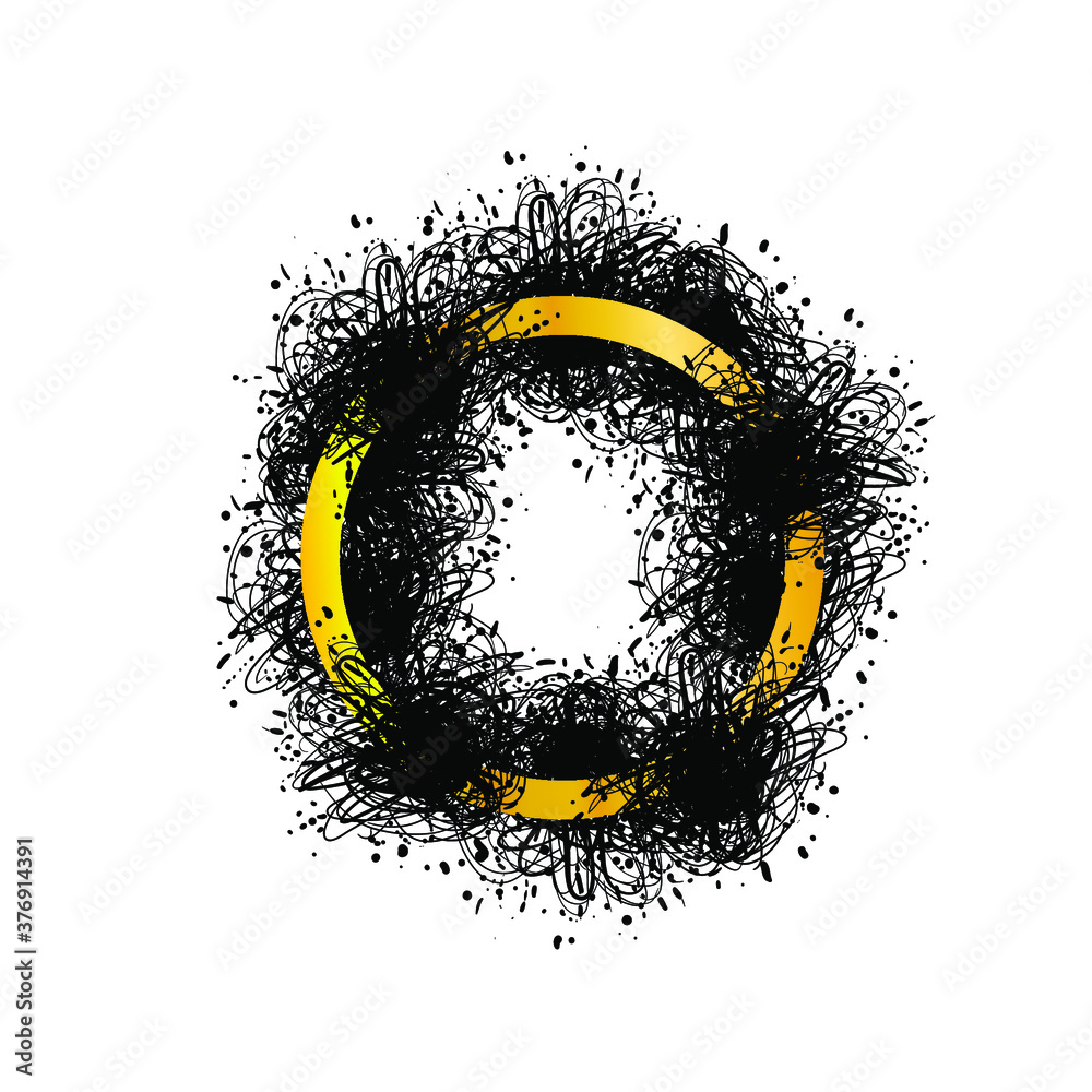 Vector black and gold circle frame blank template isolated on white background, scribble lines ...
