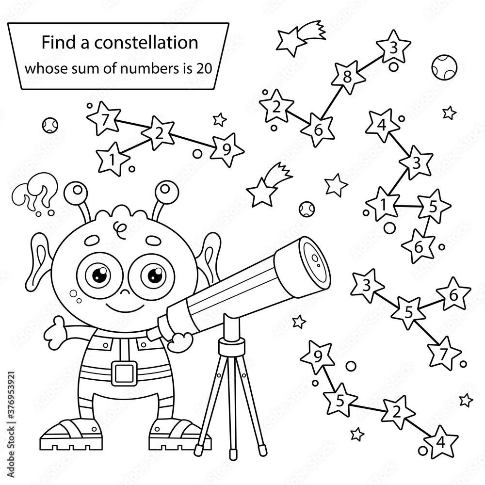 Find a constellation whose sum of numbers is 20. Puzzle Game. Coloring ...