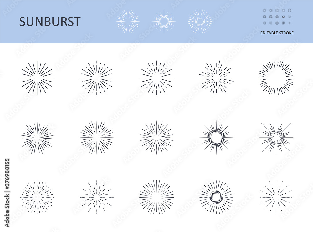 Sunburst icons. Vector symbols sun with rays. Editable stroke. Circular ...