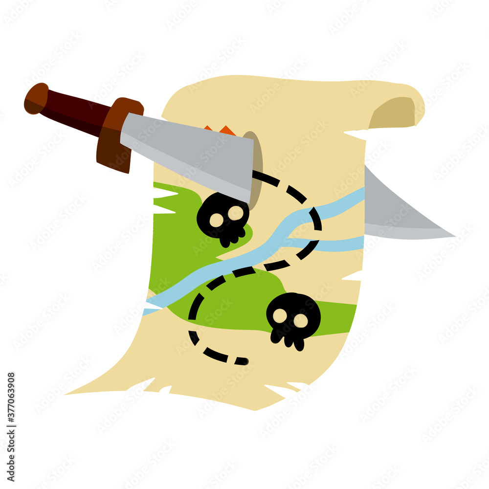 Treasure pirate map and sabre. Route with a red cross of the goal. The ...