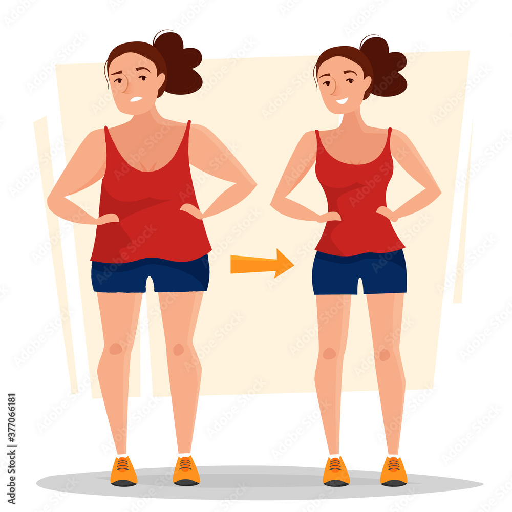Fat woman becomes thin in gym. Girl before and after training. Flat ...