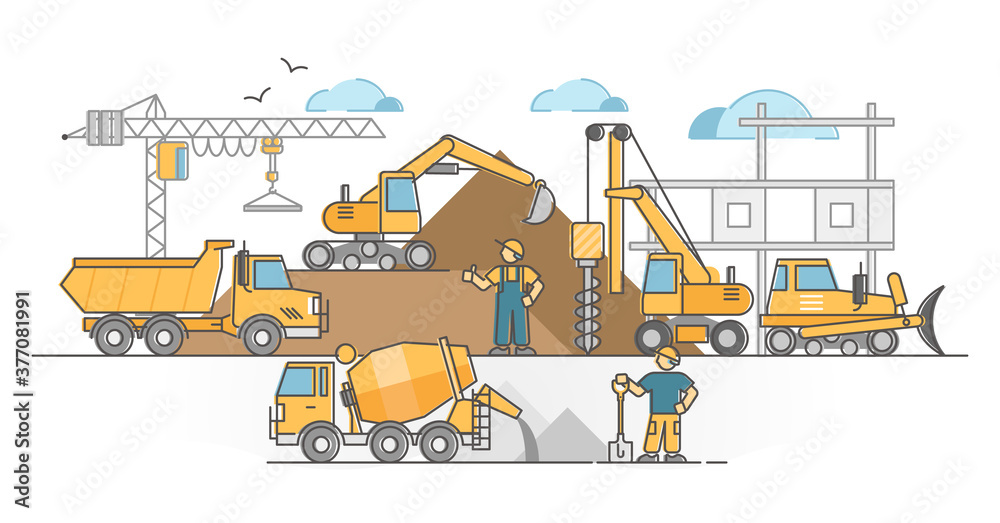 Heavy machinery as construction site duty executing vehicles outline ...