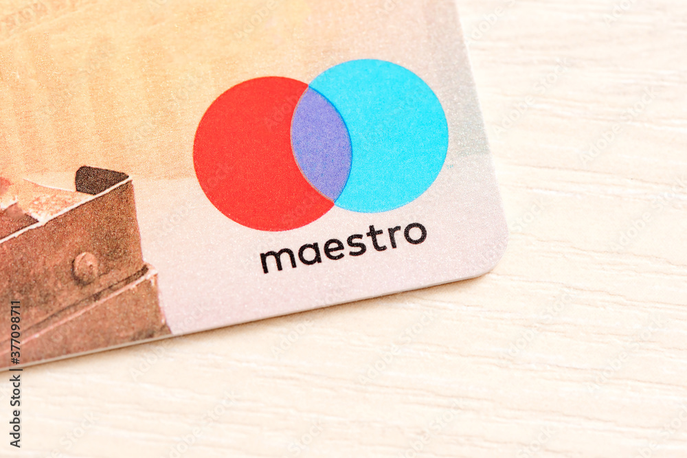 Moscow, Russia, - 18th March 2020:close up credit cards, Maestro is a ...