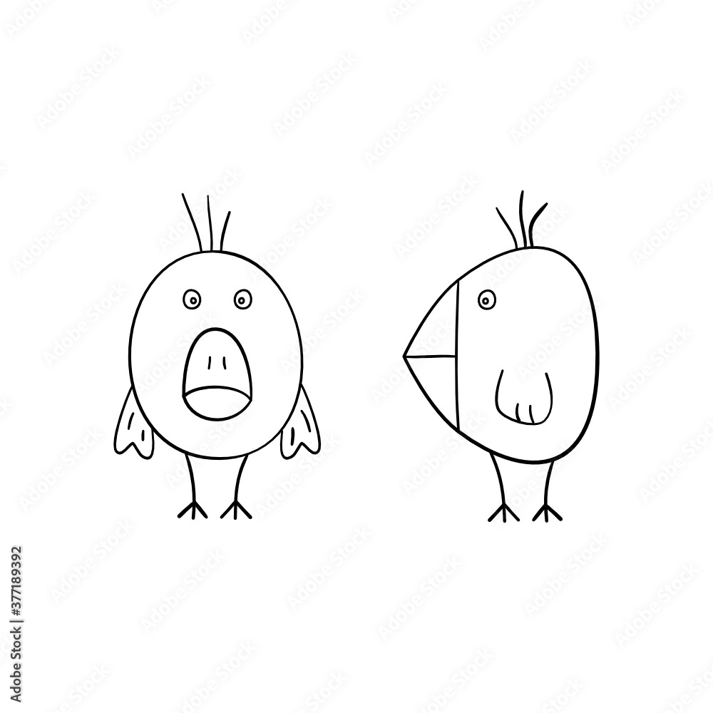 Hand drawn childish coloring page of cartoon bird. Outline drawing of ...