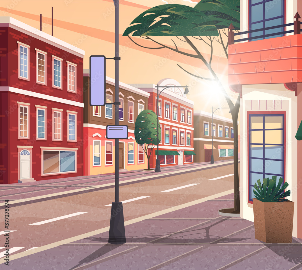 Street of town vector cartoon illustration of the historic urban area ...