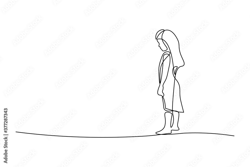 Sad little girl in continuous line art drawing style. Upset kid looking ...
