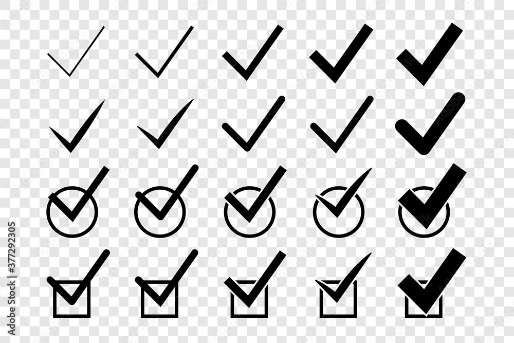 Check mark icons set. Different variants of tick sign isolated on ...