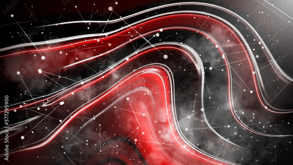 Red abstract particle with smoke background. Mess communication technology network background ...