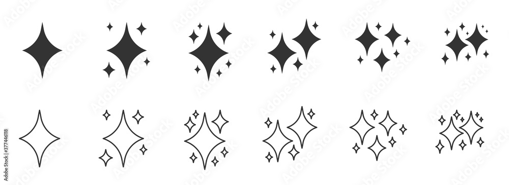 Black line and silhouette symbols sparkles icon set. Outline decorative twinkle sparkle lights ...