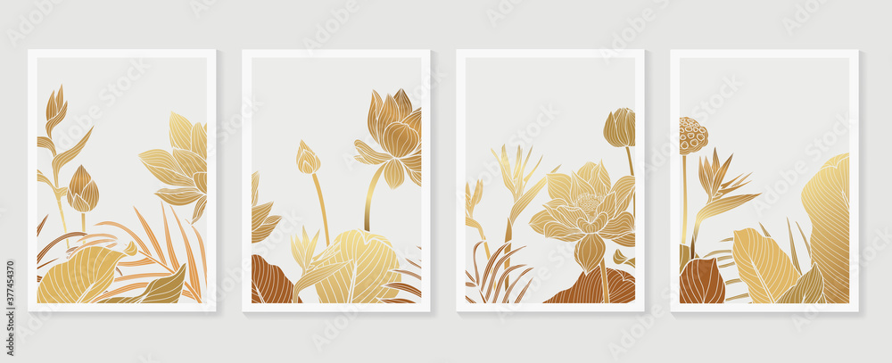 Luxury cover design template. Lotus line arts hand draw gold lotus ...