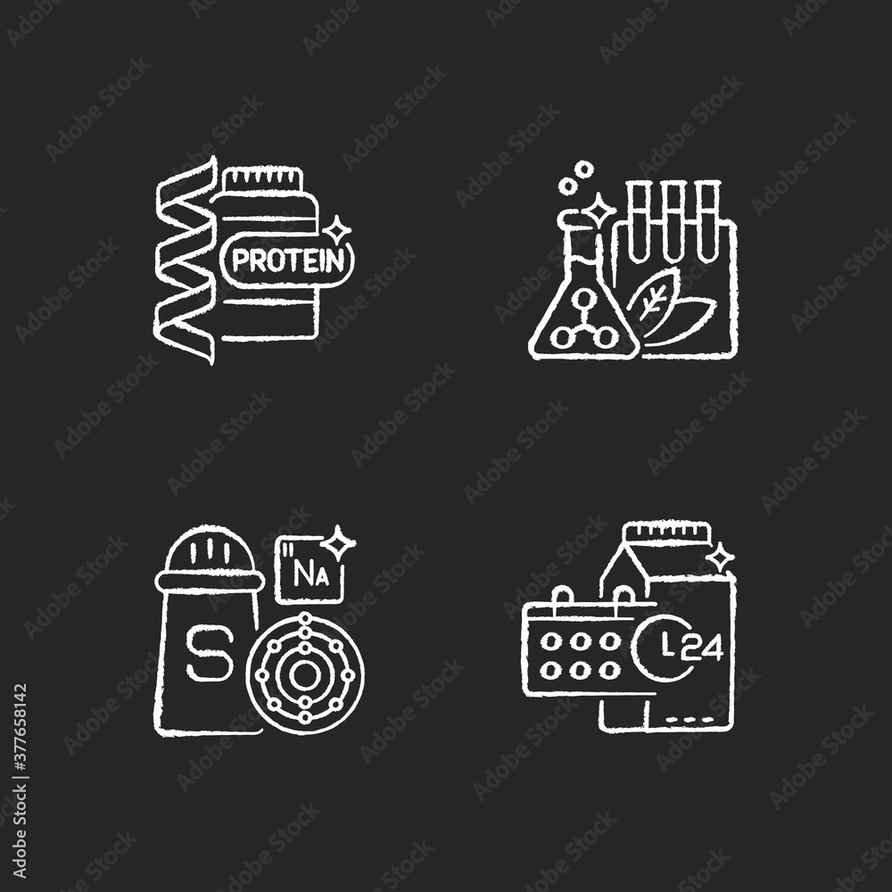 Food supplements chalk white icons set on black background. Protein ...