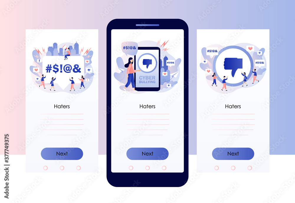 Haters online. Cyberbullying, bullying, trolling and hate speech. Tiny people put dislikes and ...