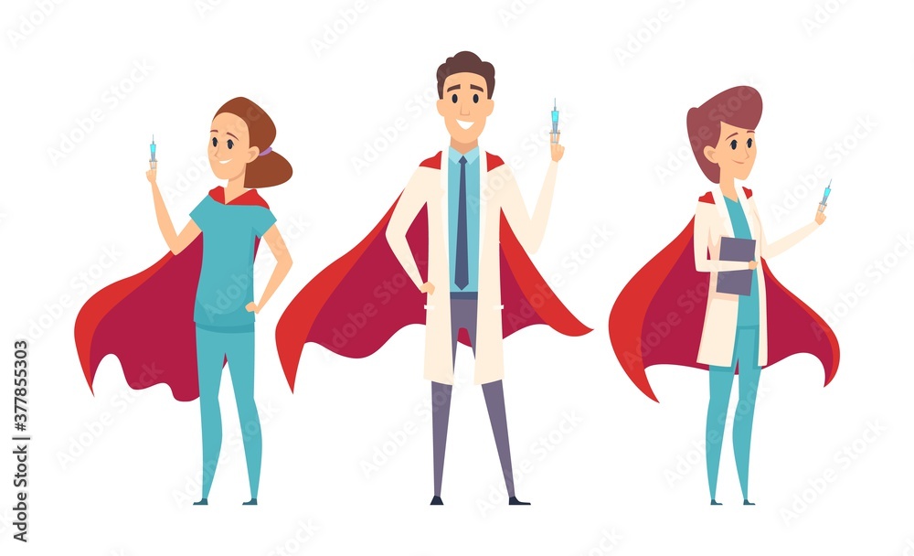 Medical superheroes team. Doctors wear hero capes, nurse therapist ...