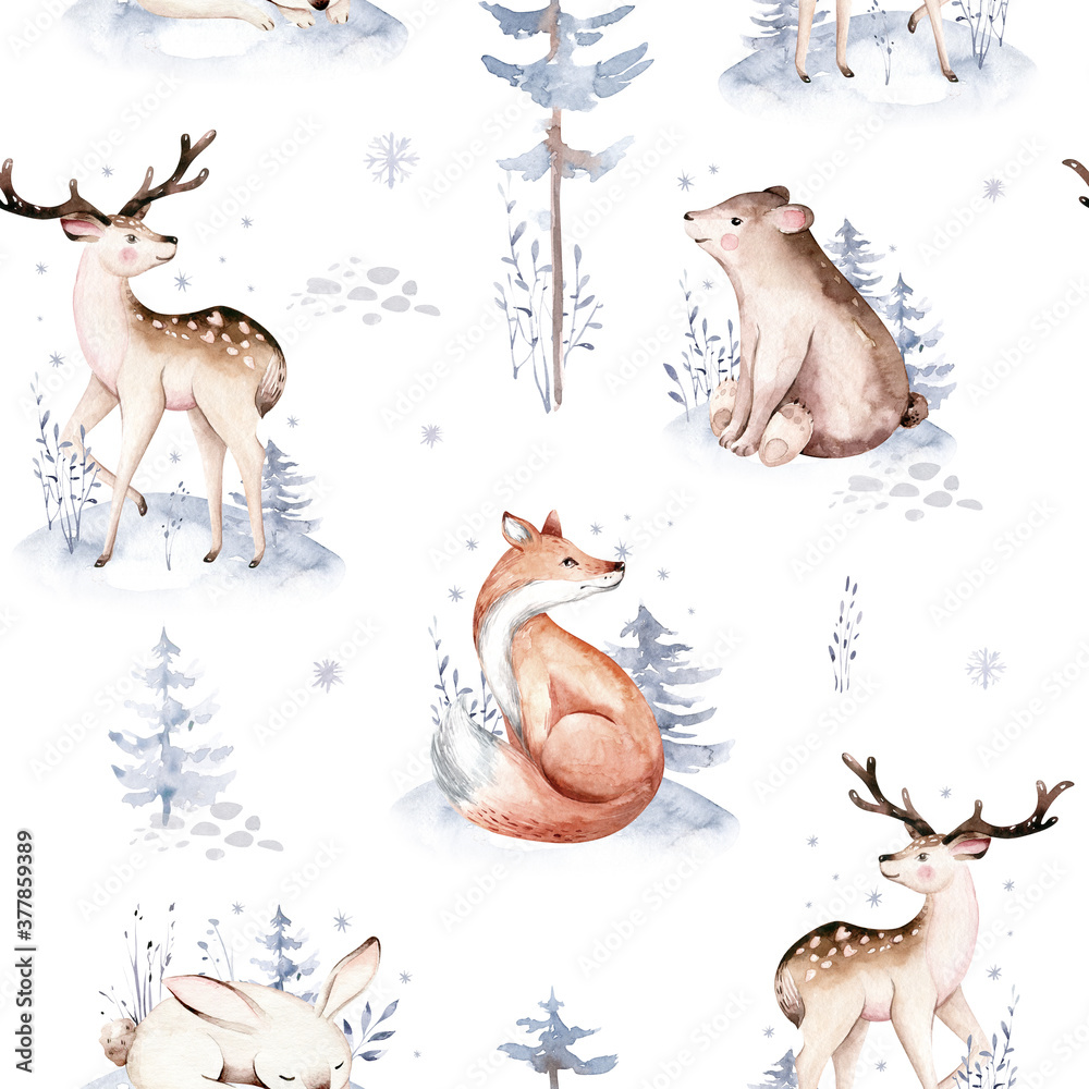 Watercolor winter pattern deer with fawn, owl rabbits, bear birds on ...