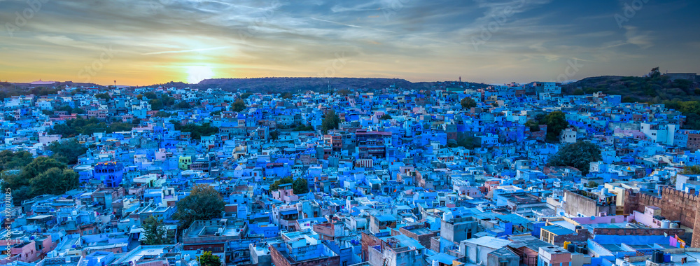 The famous blue city, Aerial view of Jodhpur city, Rajasthan, India, view from Mehrangarh fort ...