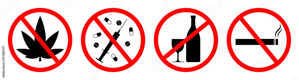 Sign of forbidden for alcohol, smoke and drug. Icons for ban of drink ...
