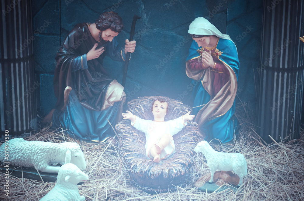 Photo Stock Statue of the nativity of the baby jesus Our Lady and ...