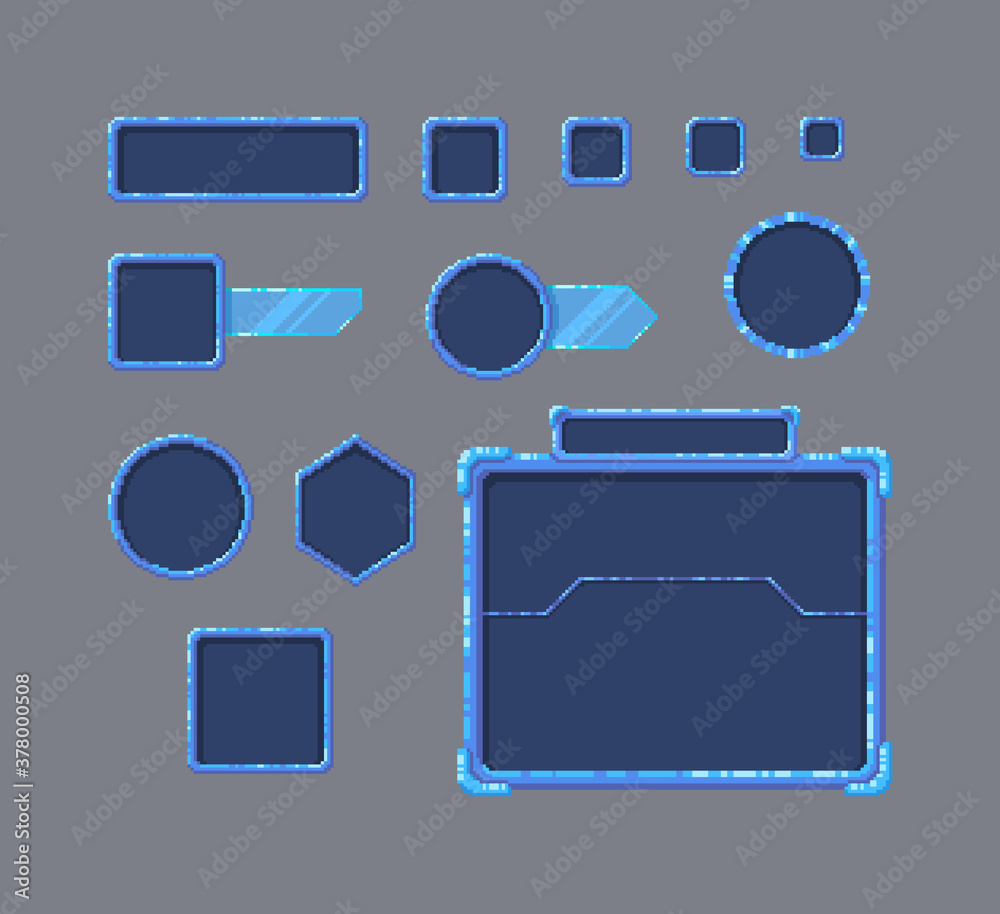 Pixel art game UI set. Set of boarders in futuristic style. 素材庫向量圖 ...