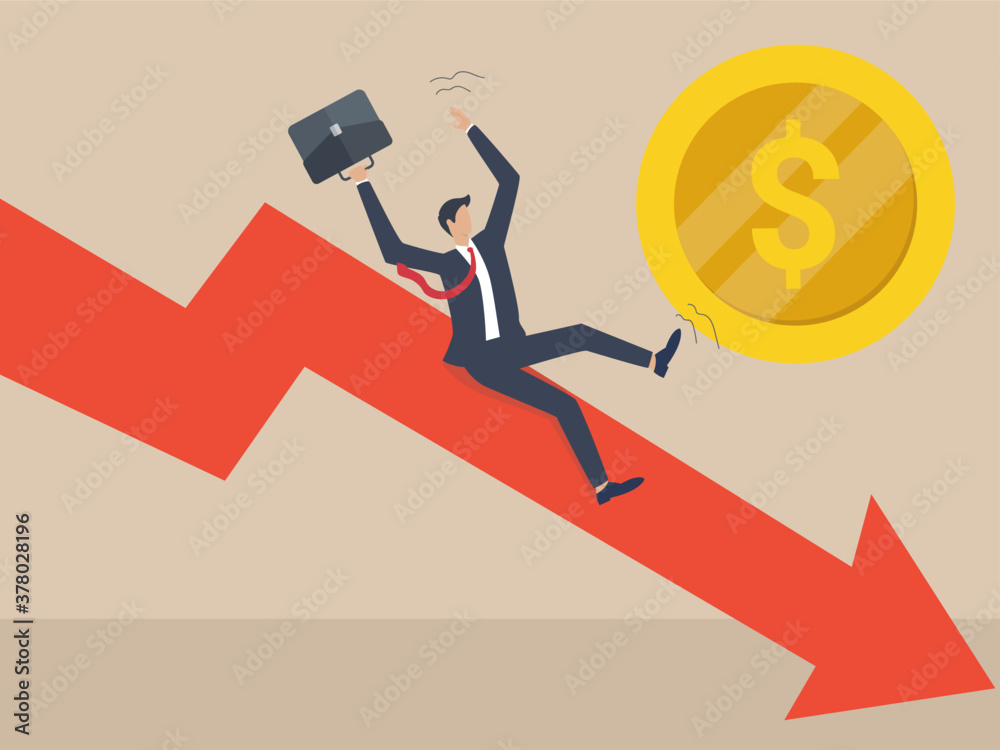 Businessman falling from the red graph chart arrow, bankruptcy concept ...