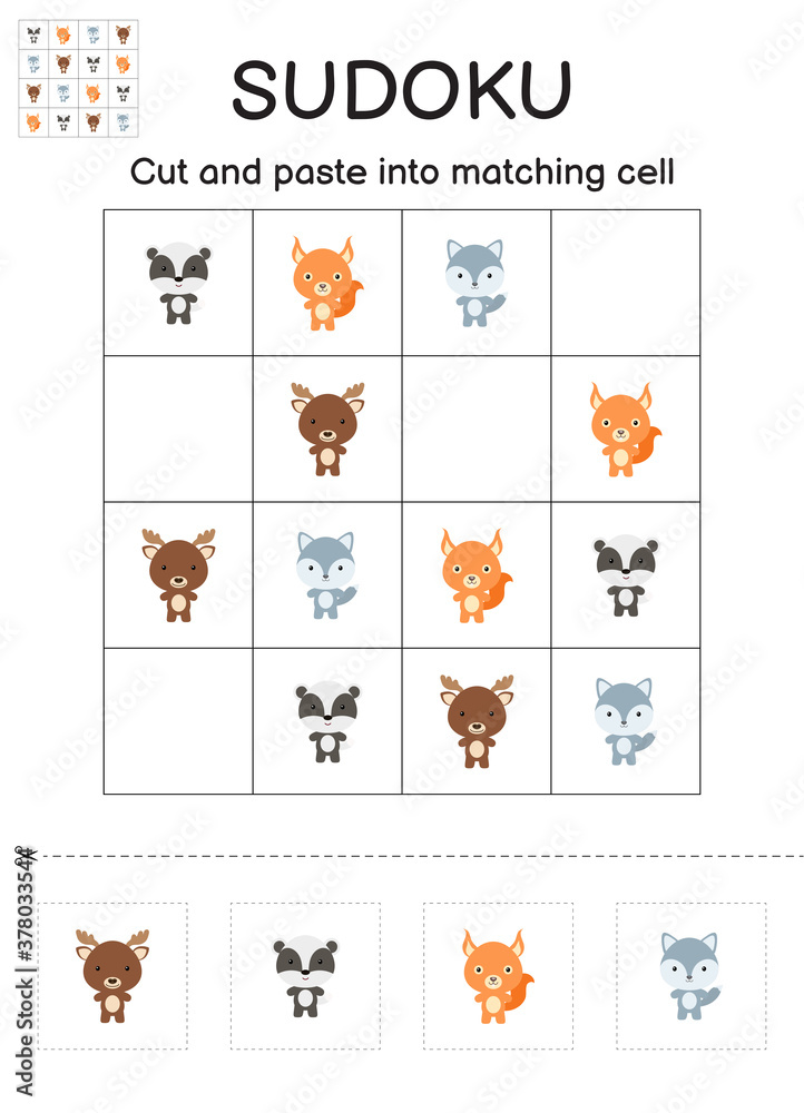 Sudoku game for children with pictures. Kids activity sheet. Matching ...