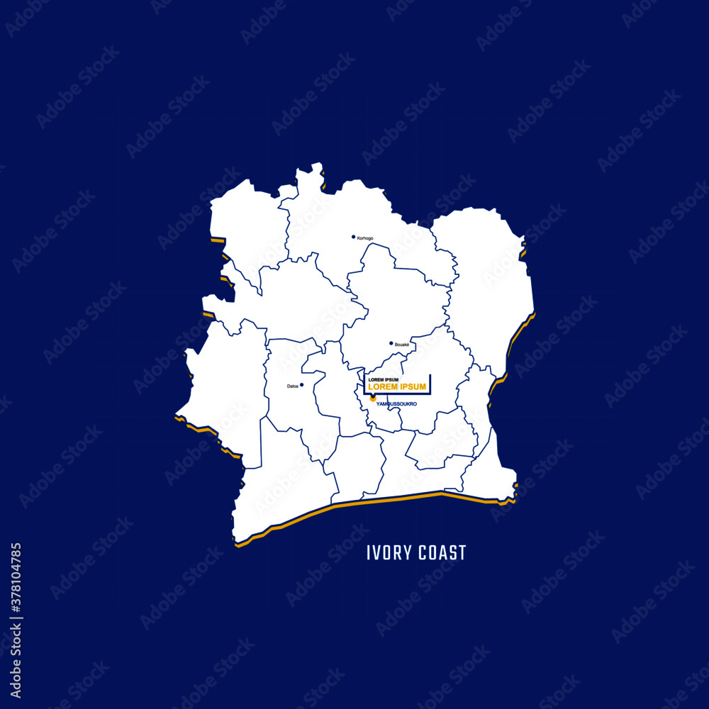 Vector map of Ivory Coast with border, cities and capital Yamoussoukro ...