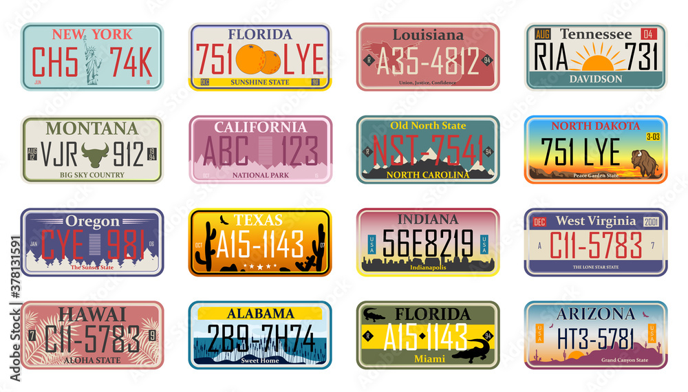 Car plates. Vehicle license numbers of different USA states and ...