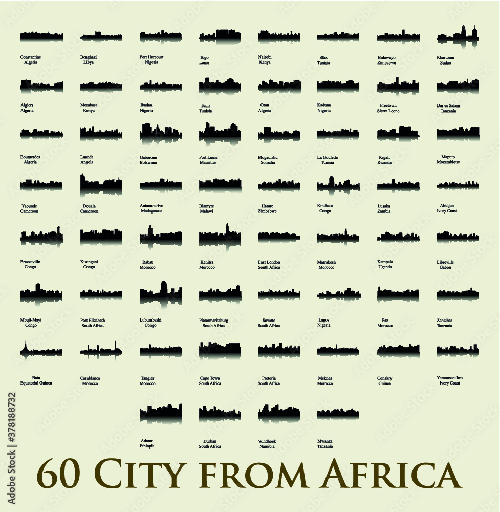 Set of 60 City Silhouettes from Africa ( Fez, Lusaka, East London, Lome ...