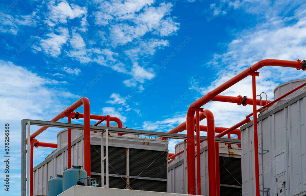 Cooling tower on roof top of building. Industrial air cooling system ...