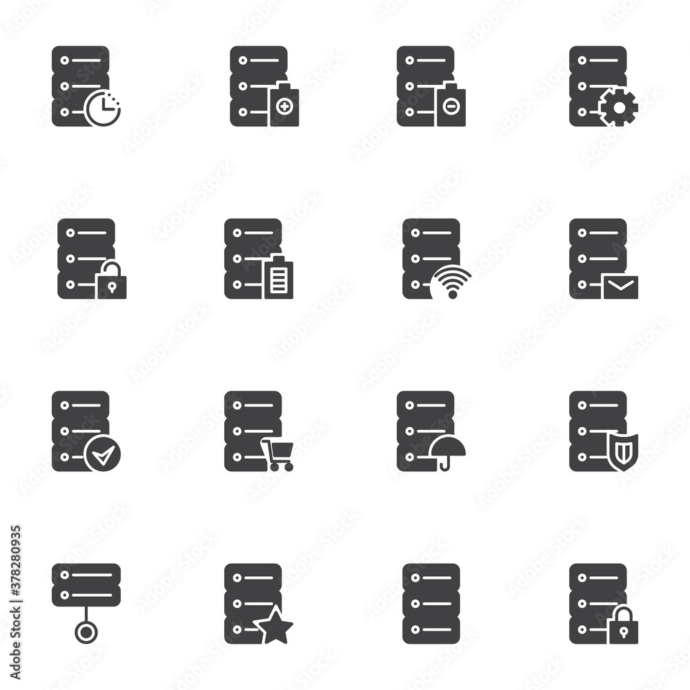 Vetor Data center hosting vector icons set, modern solid symbol collection, filled style ...
