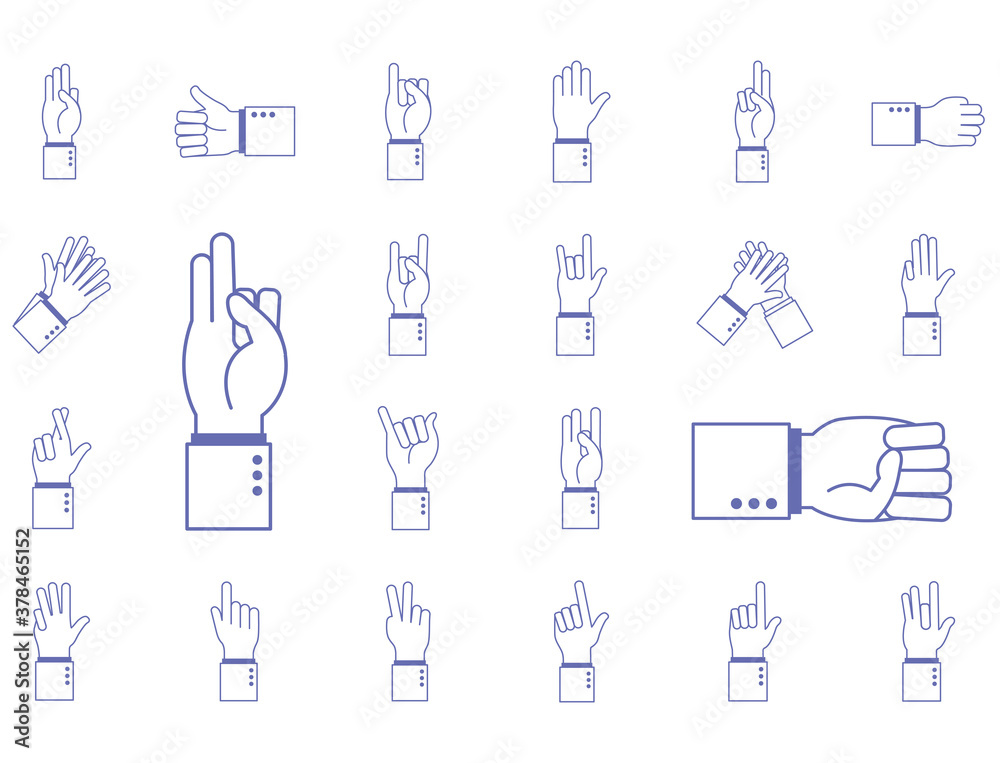hand sign language alphabet line and fill style icons collection vector ...