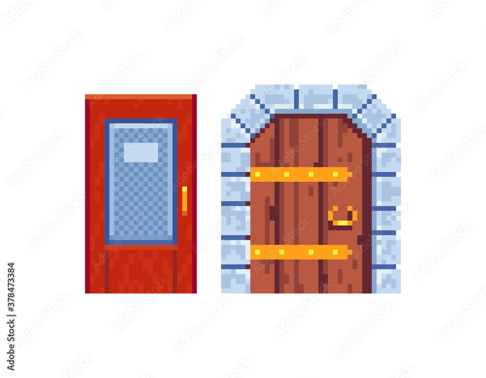 Wooden doors. Pixel art icon. Flat style. Game assets. 8-bit style ...
