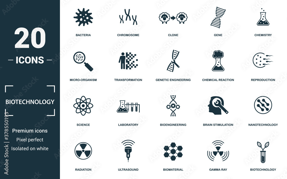 Biotechnology icon set. Monochrome sign collection with bacteria ...