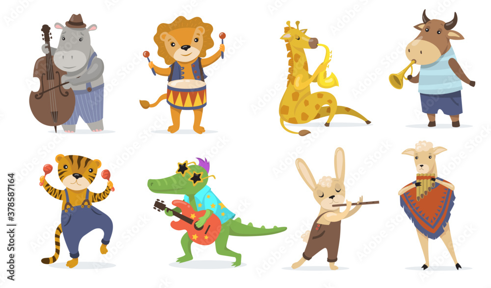 Cute animals playing musical instruments flat illustration set. Cartoon ...