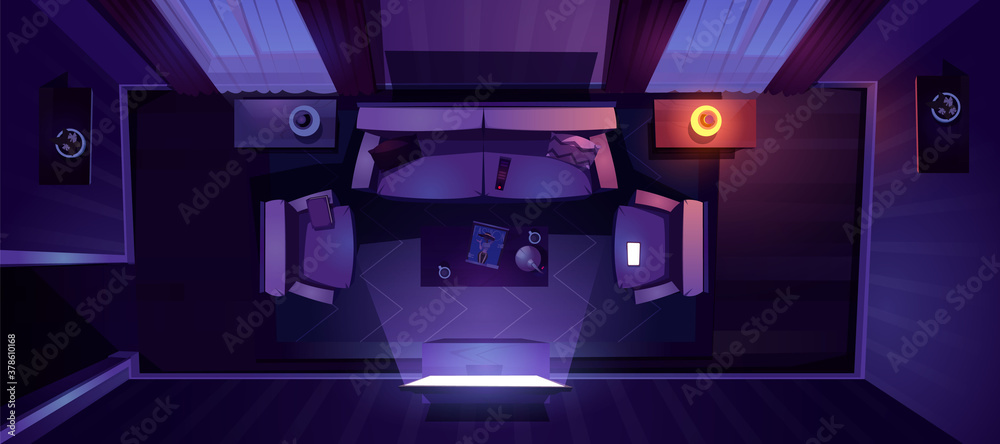 Living room interior at night top view. Vector cartoon illustration of ...