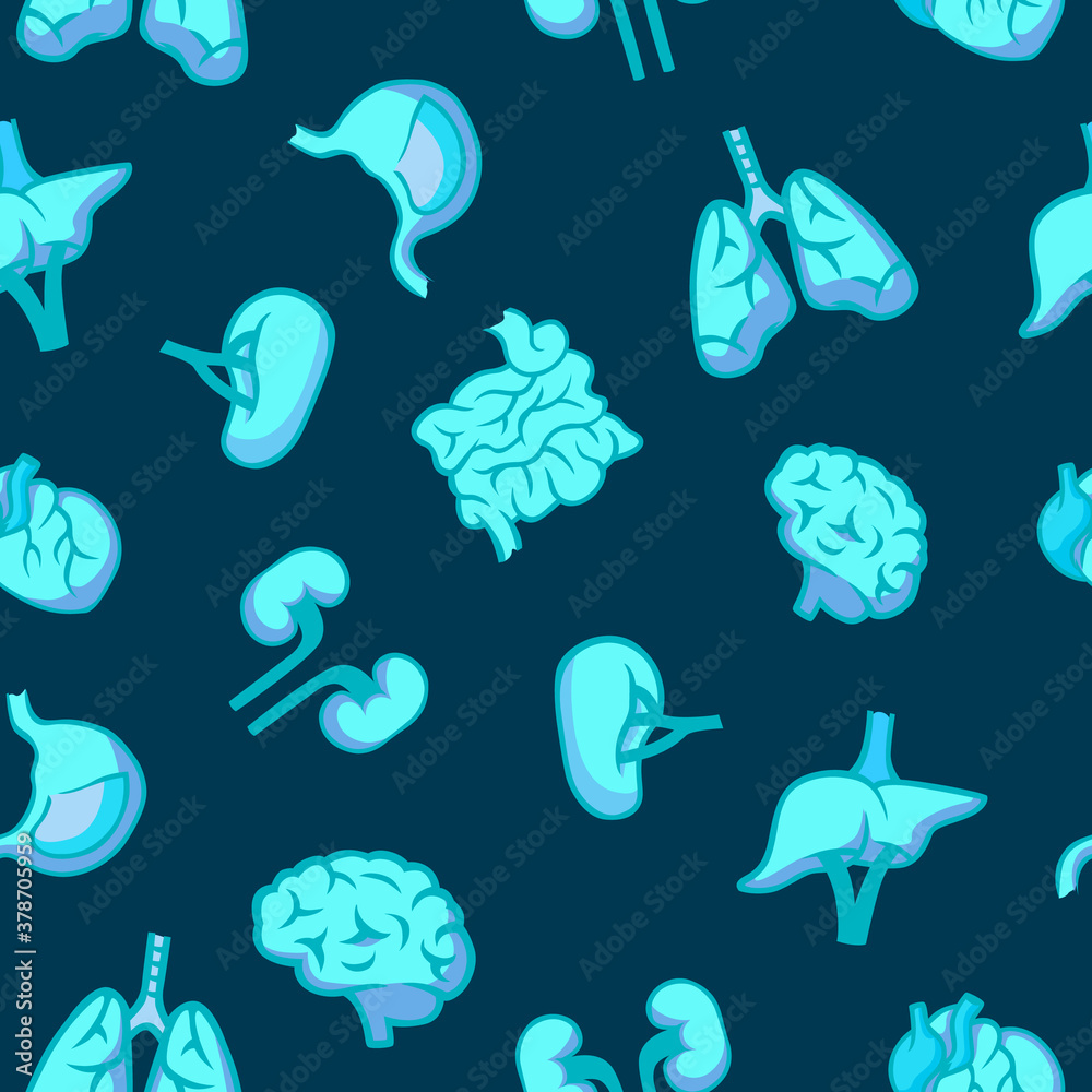 Human organs seamless blue pattern. Turquoise lungs with heart muscle ...